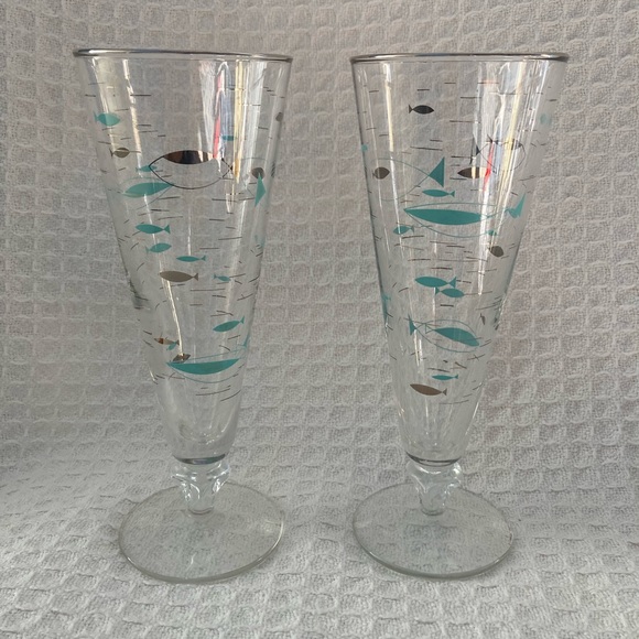 Libbey | Dining | Vintage Mcm Libbey Aqua Atomic Fish Pilsner Glasses ...